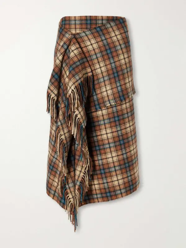 Auralee Asymmetric Fringed Checked Cashmere Wrap Midi Skirt