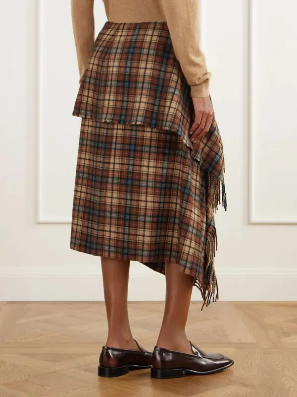 Auralee Asymmetric Fringed Checked Cashmere Wrap Midi Skirt