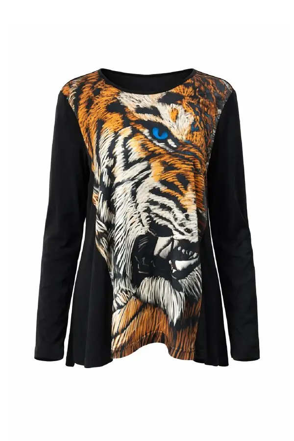 CONQUISTA Long-sleeve Top With Artistic Tiger Print