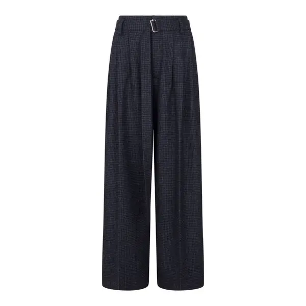 TRIONA Navy Houndstooth Alannah Pleated Merino Wool Trousers