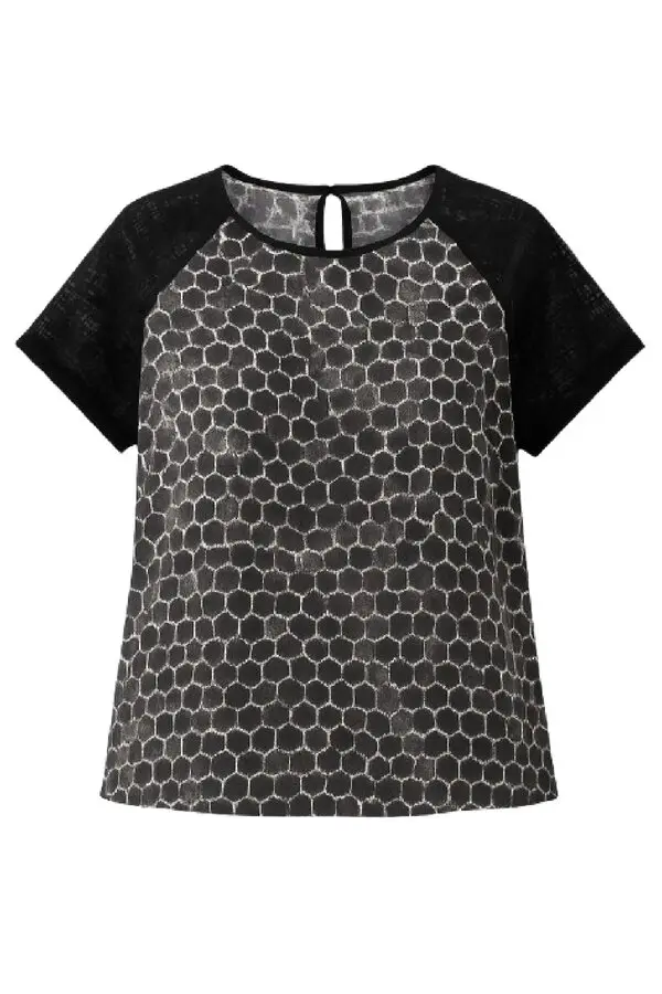 CONQUISTA Grey Geometric Print Top With Contrast Sleeves