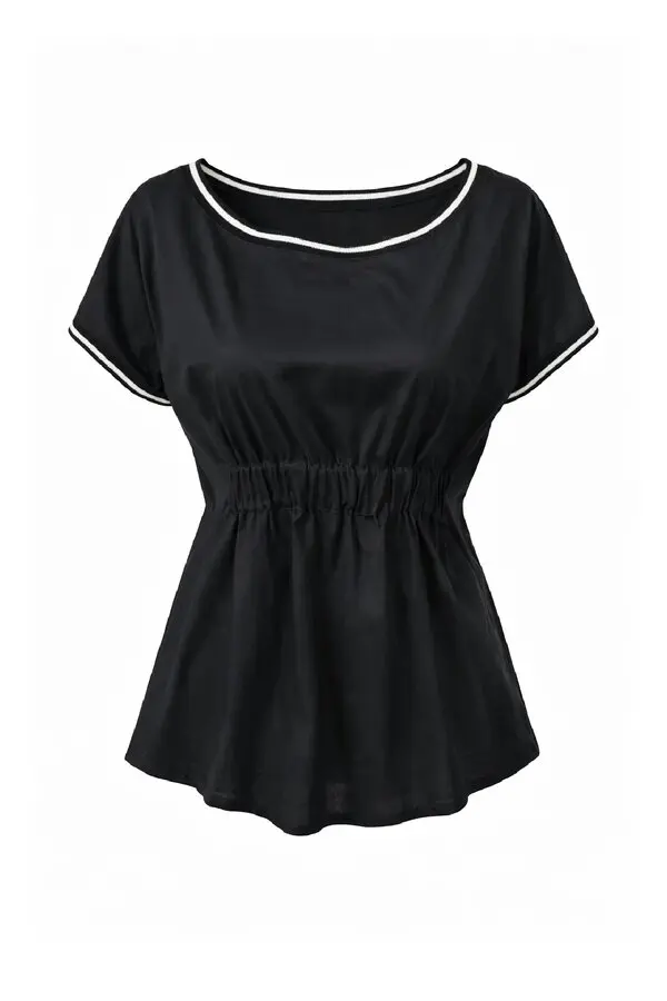 CONQUISTA Cinched-waist Short Sleeve Top With Contrast Trim