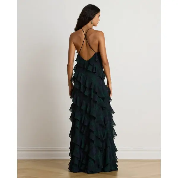 Ralph Lauren Black Watch Ruffle-trim Halter Gown