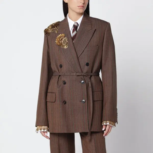 Dries Van Noten Pinstripe Jacket With Sequin Embroidery - Brown