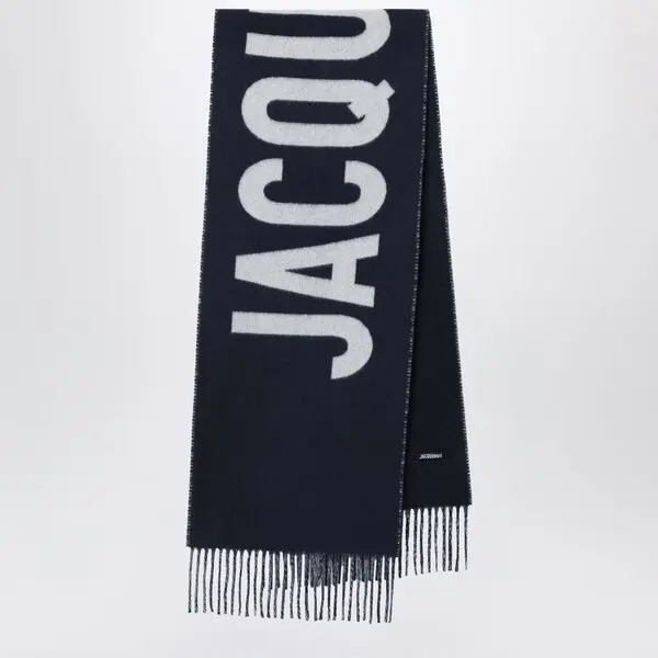 Jacquemus Navy Wool Scarf With Logo - Blue