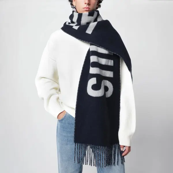 Jacquemus Navy Wool Scarf With Logo - Blue