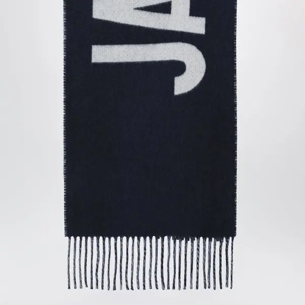 Jacquemus Navy Wool Scarf With Logo - Blue