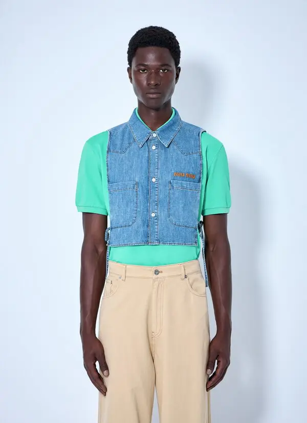 Miu Miu Cropped Chambray Tie Shirt - Blue