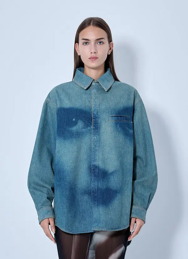 JEAN PAUL GAULTIER Face Print Oversized Denim Shirt - Blue