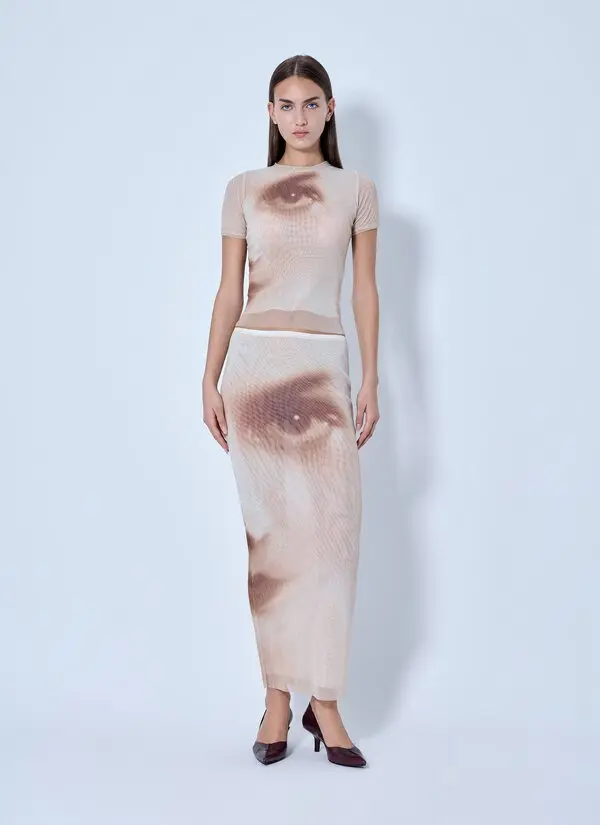 JEAN PAUL GAULTIER Mesh Printed Face Long Skirt