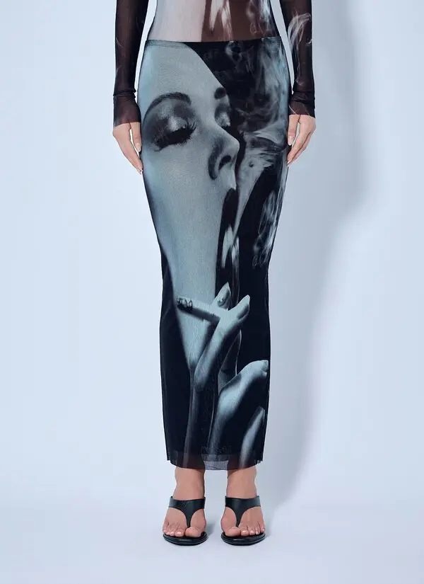 JEAN PAUL GAULTIER Mesh Printed Smoking Long Skirt - Black