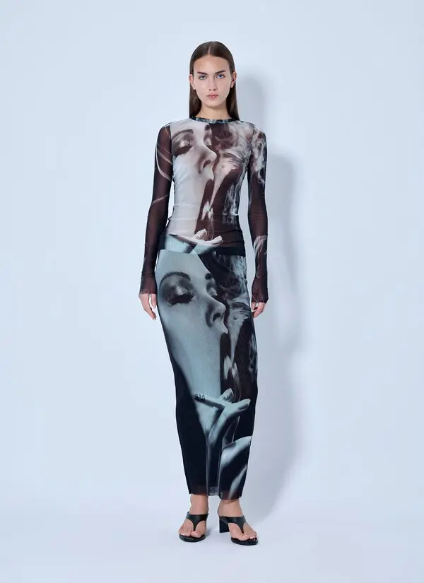 JEAN PAUL GAULTIER Mesh Printed Smoking Long Skirt - Black