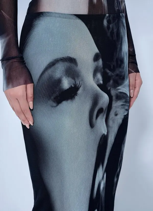JEAN PAUL GAULTIER Mesh Printed Smoking Long Skirt - Black