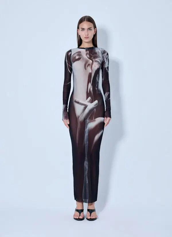 JEAN PAUL GAULTIER Mesh Printed Smoking Long Dress