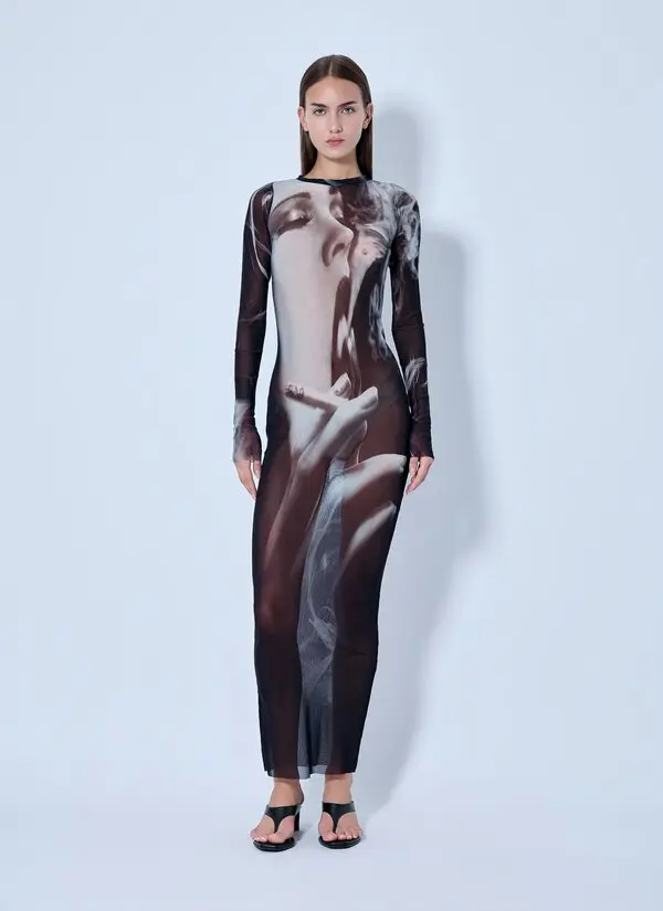 JEAN PAUL GAULTIER Mesh Printed Smoking Long Dress