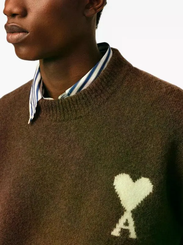 AMI Paris Crewneck Alpaca Sweater With De Coeur - Brown