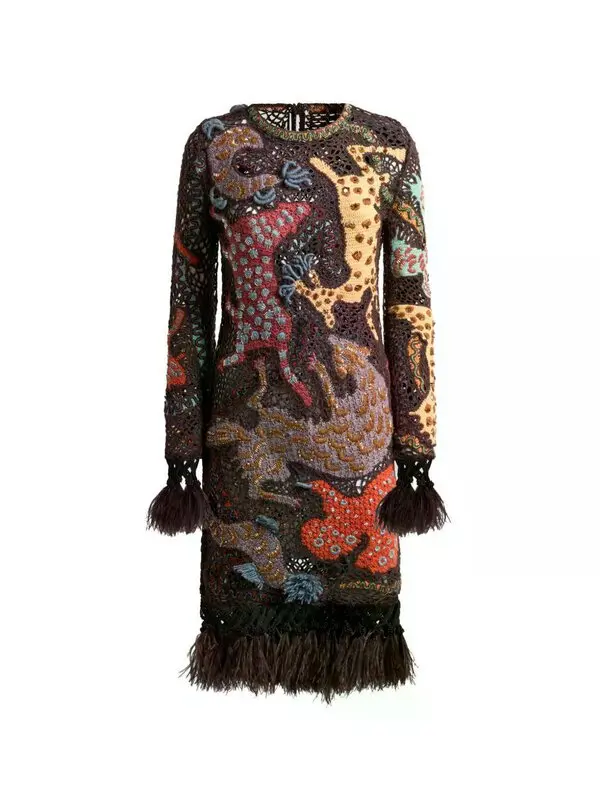 Etro Embroidered Crocheted Wool Mini Dress With Feather Trim