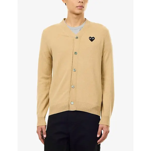 Play Comme Des Garcon Heart Motif-logo Wool Cardigan - Beige