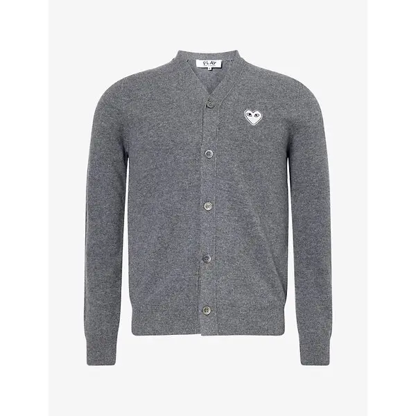 Play Comme Des Garcon Heart Motif-logo Wool Cardigan - Grey