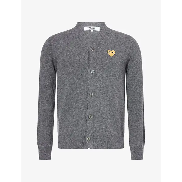 Play Comme Des Garcon Heart Motif-logo Wool Cardigan - Grey