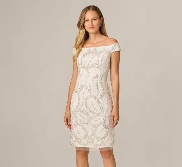 Adrianna Papell Off Shoulder Feather Pearly Sequin Beaded Sheath Dress