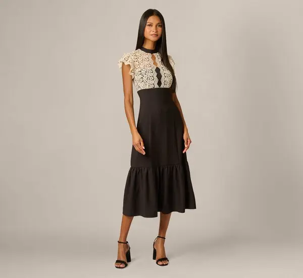 Adrianna Papell Flutter Sleeve Lace Ruffle Hem Combo Dress In Black Ivory