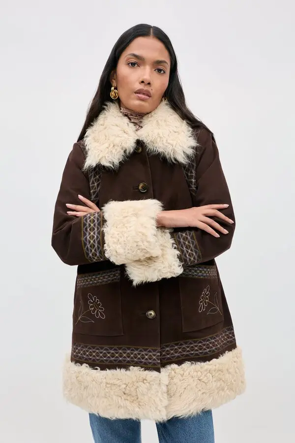 Rixo Mairan Shasta Daisy Embroidery Chocolate Regular - Brown