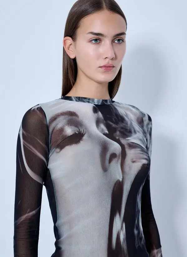 JEAN PAUL GAULTIER Mesh Printed Smoking Long Sleeves Top