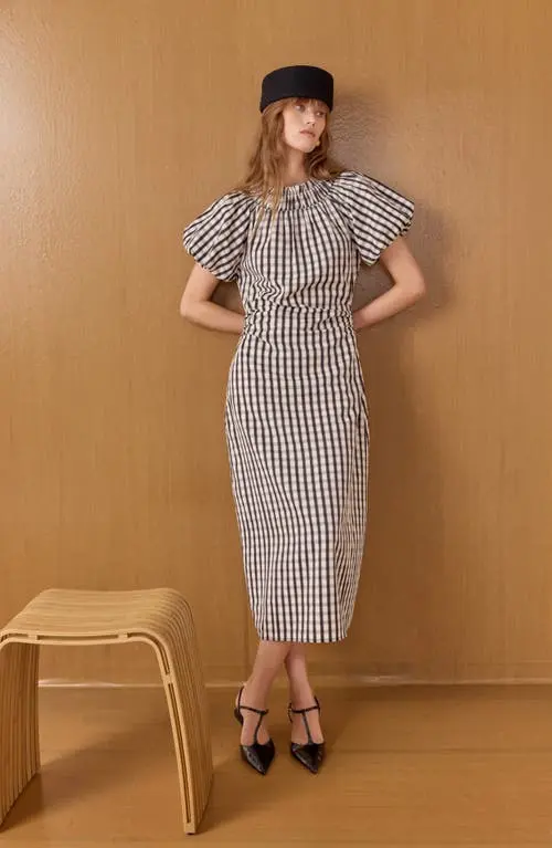 English Factory Smocked Neck Gingham Midi Dress