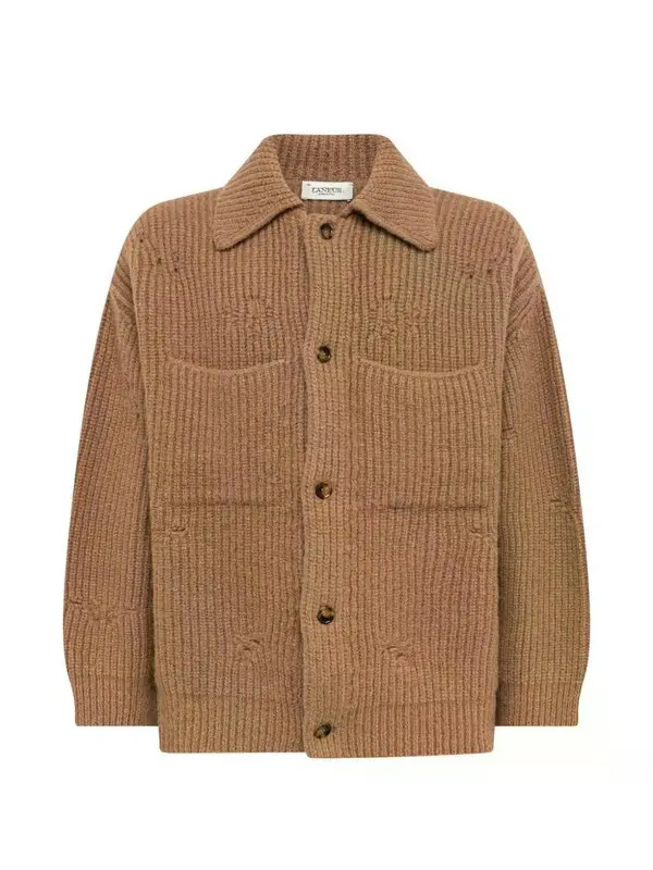 LANEUS Ribbed-knit Distressed Cardigan - Brown
