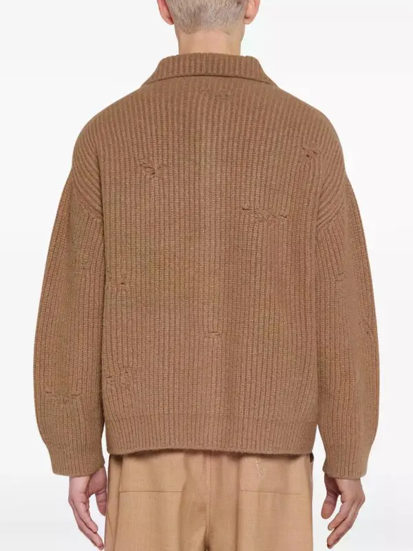 LANEUS Ribbed-knit Distressed Cardigan - Brown