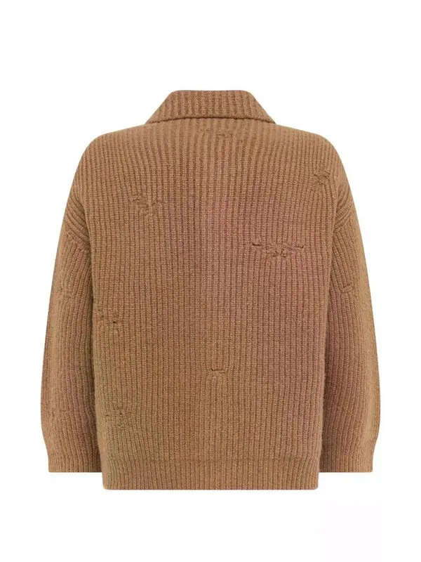 LANEUS Ribbed-knit Distressed Cardigan - Brown