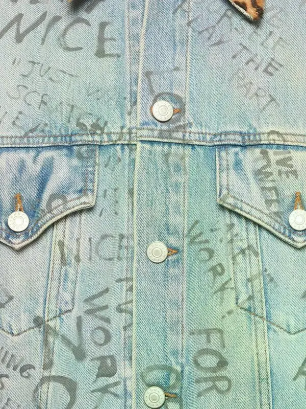 Gucci Scribble Writing Leopard-collared Denim Jacket
