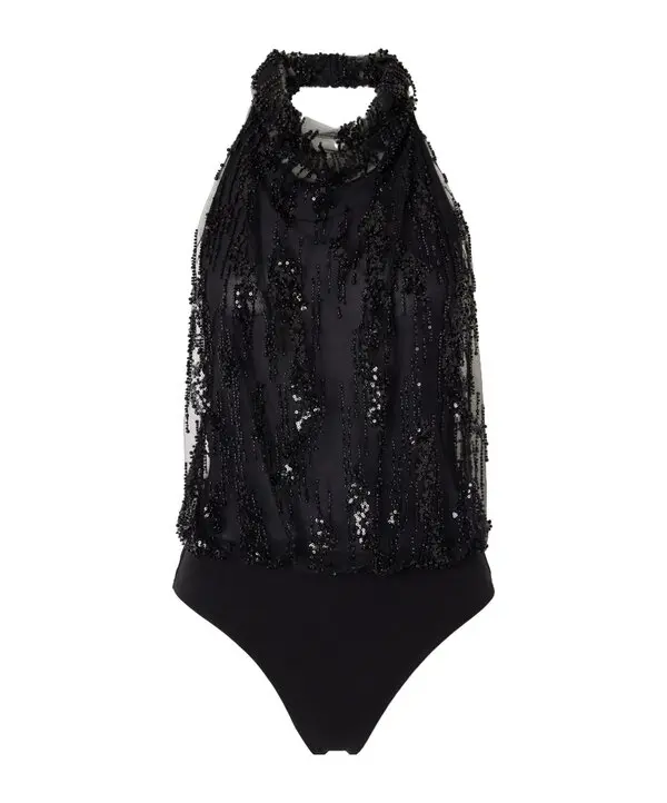 Staud Flocked Bead-embellished Jersey Bodysuit