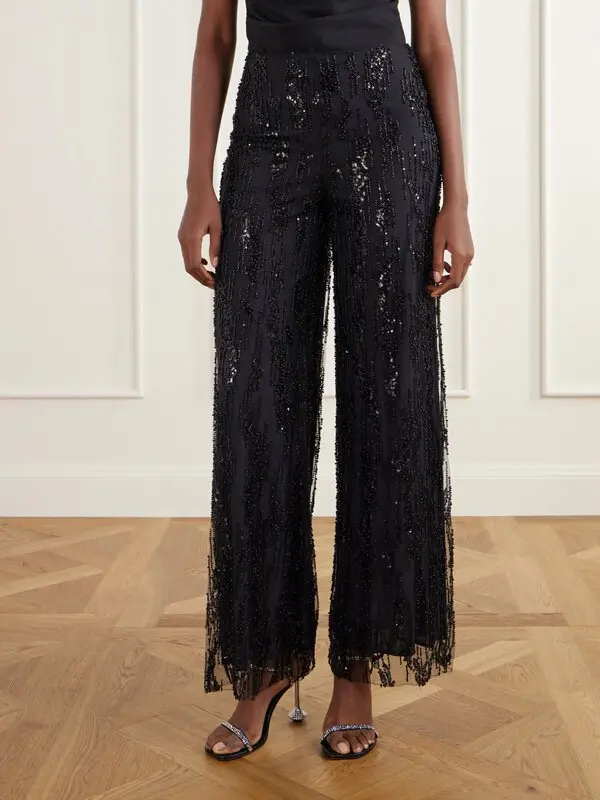 Staud Sequin-trimmed Organza Wide-leg Pants - Black