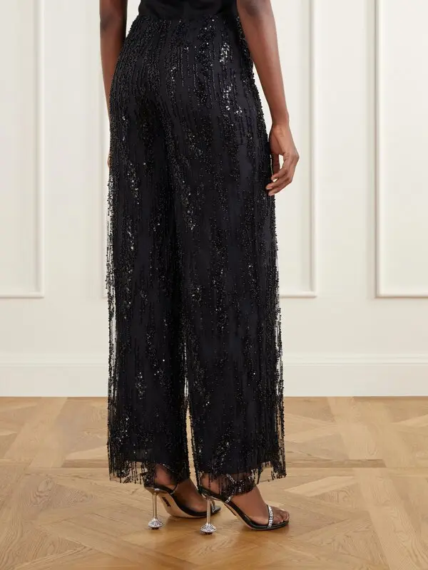 Staud Sequin-trimmed Organza Wide-leg Pants - Black