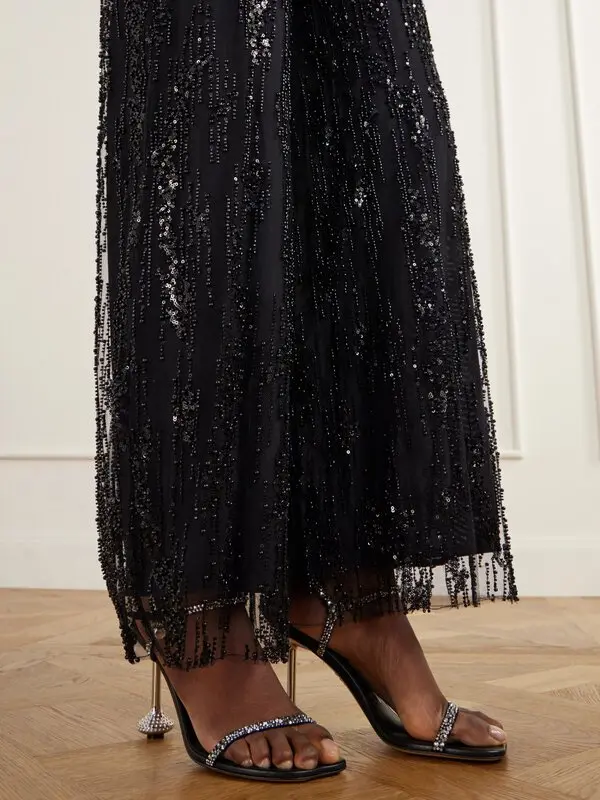 Staud Sequin-trimmed Organza Wide-leg Pants - Black