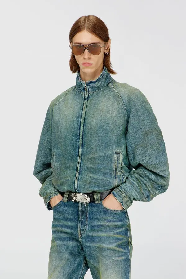 DIESEL® Padded Jacket In Dirty-effect Creased Denim