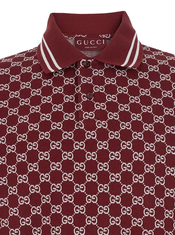 Gucci Red Polo Shirt With Classic Collar And Gg Jacquard Motif In Cotton For