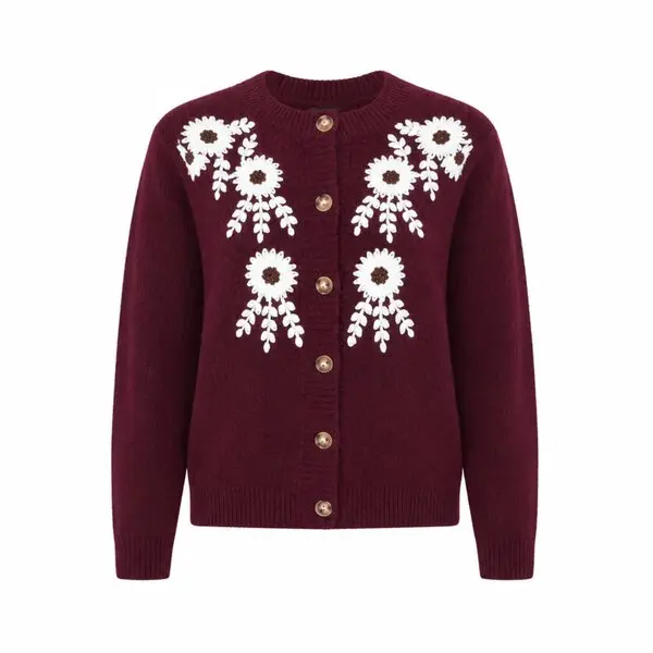 YUMI Burgundy Floral Embroidered Cardigan
