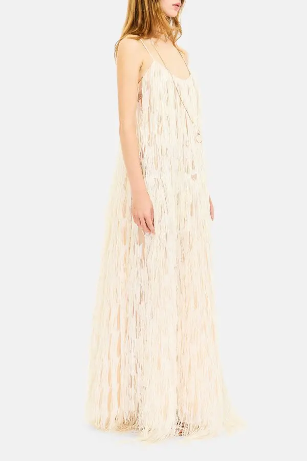 Ulla Johnson Maria Spaghetti Strap Fringe Gown - Ecru