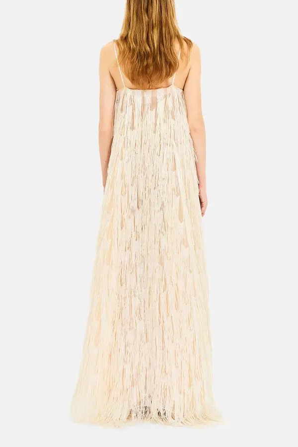Ulla Johnson Maria Spaghetti Strap Fringe Gown - Ecru