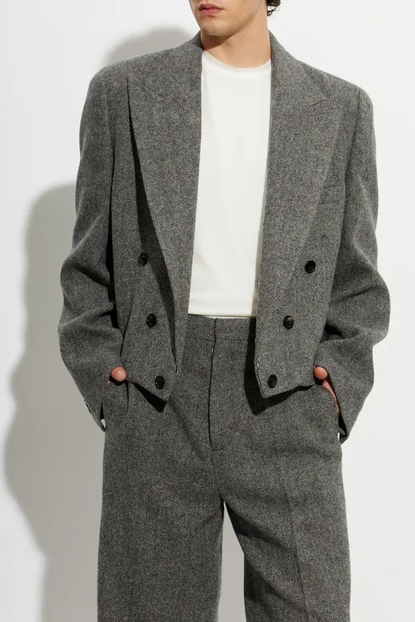 MAISON MARGIELA Gray Wool Herringbone Cropped Blazer
