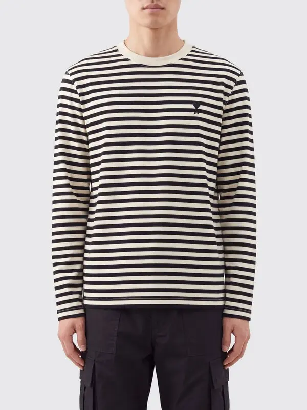AMI Paris Striped Long-sleeved Cotton T-shirt With Contrast Logo