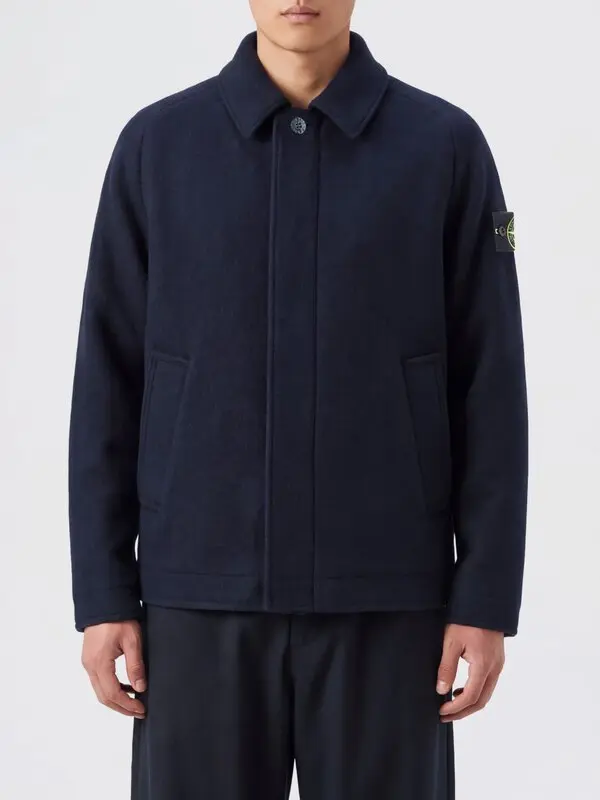 Stone Island Single-breasted Short Coat In Wool Cloth With Concealed Fastening