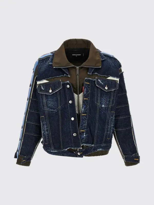 Dsquared2 Double-layer Patchwork Design Denim Jacket With Zip Closure