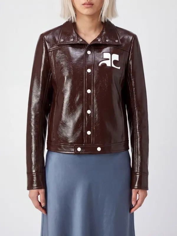 COURREGES Cropped Coated Cotton Patent-effect Jacket With Logo