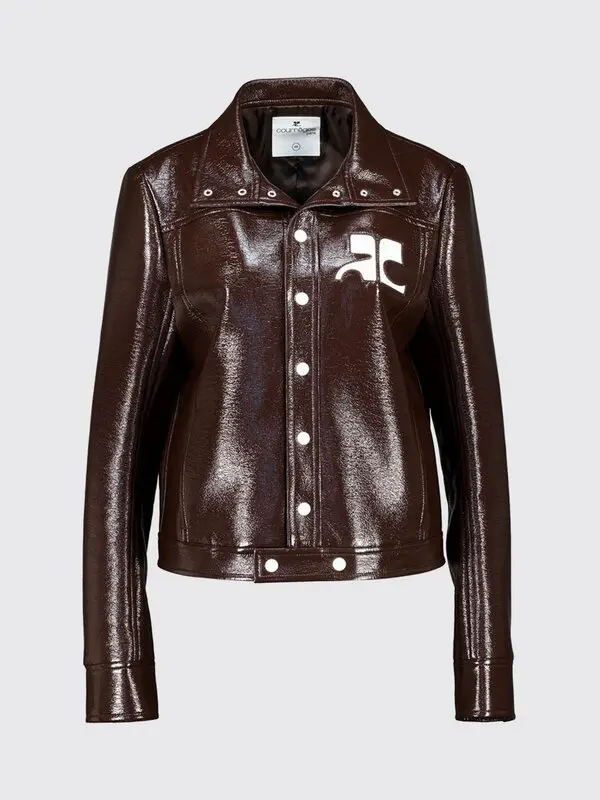 COURREGES Cropped Coated Cotton Patent-effect Jacket With Logo