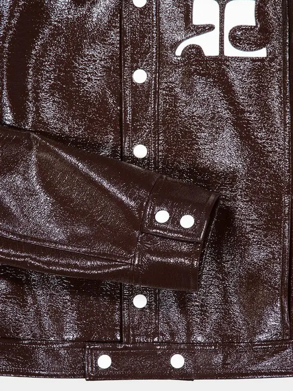 COURREGES Cropped Coated Cotton Patent-effect Jacket With Logo
