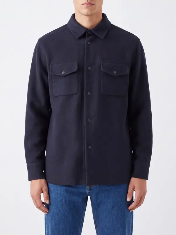 Aspesi Pure Wool Overshirt With Patch Pockets And Classic Collar - Blue